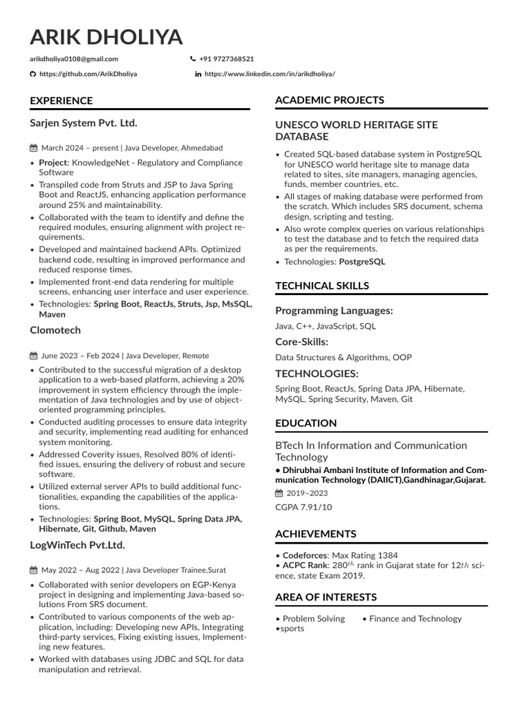 Arik Dholiya JavaDeveloper | PDF | Databases | Postgre Sql