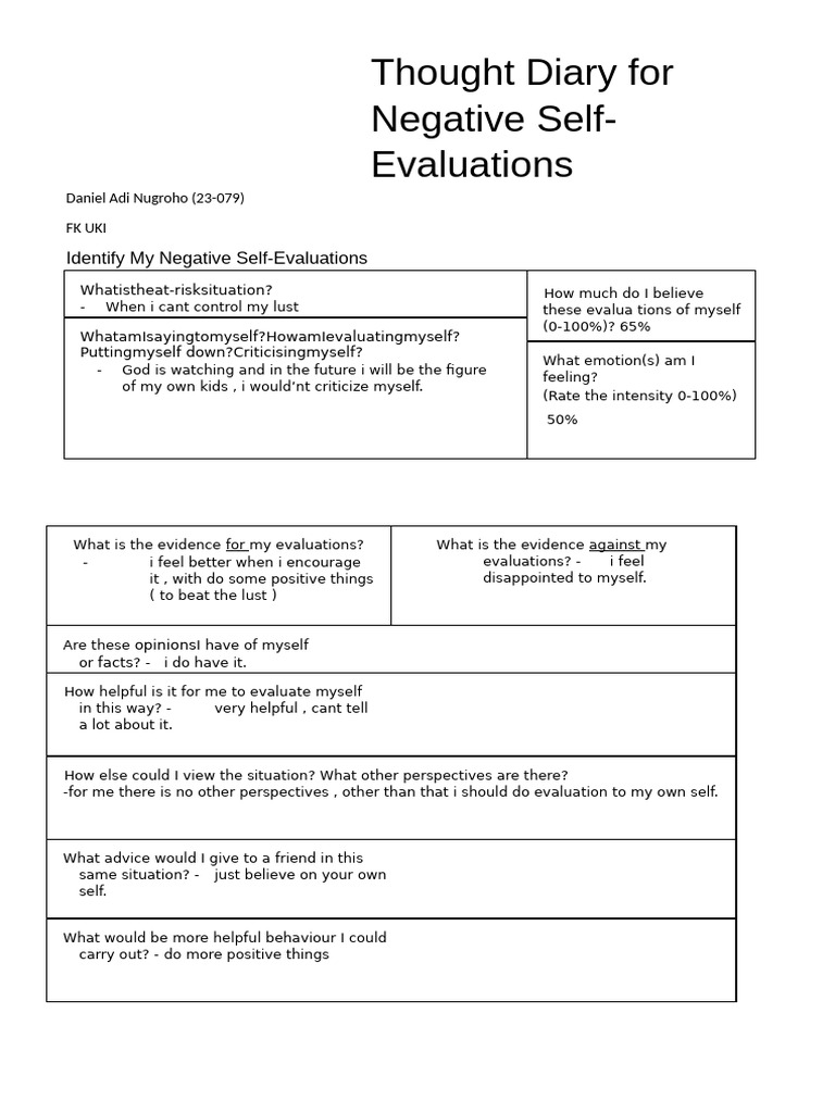 Self-Esteem Worksheet - Daniel Adi Nugroho - Thought Diary For Negative ...
