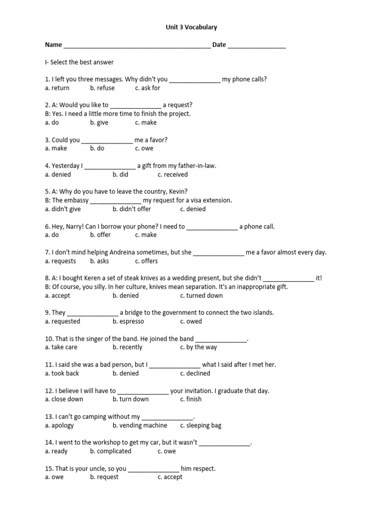 Unit 3 Vocabulary Quiz-3 | PDF