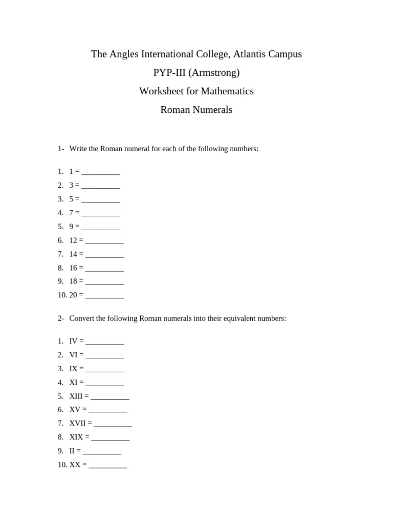 Maths Roman Numerals Work Sheet | PDF