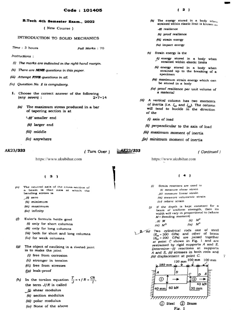 Btech Ce 4 Sem Introduction To Solid Mechanics 101405 2022 | PDF