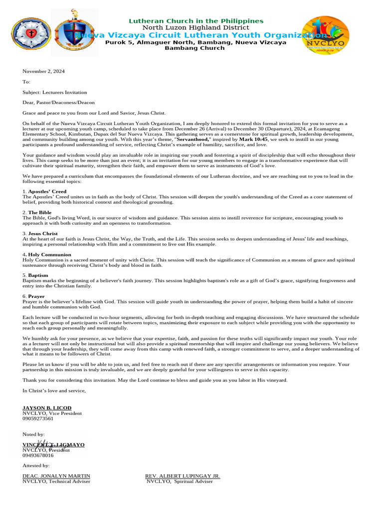 Invitation Letter To The Cgurch Workers | PDF | Eucharist | Faith