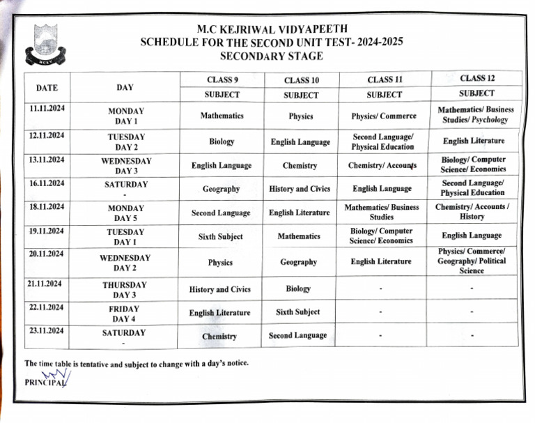 Timetable of Second Unit Test 2024 | PDF