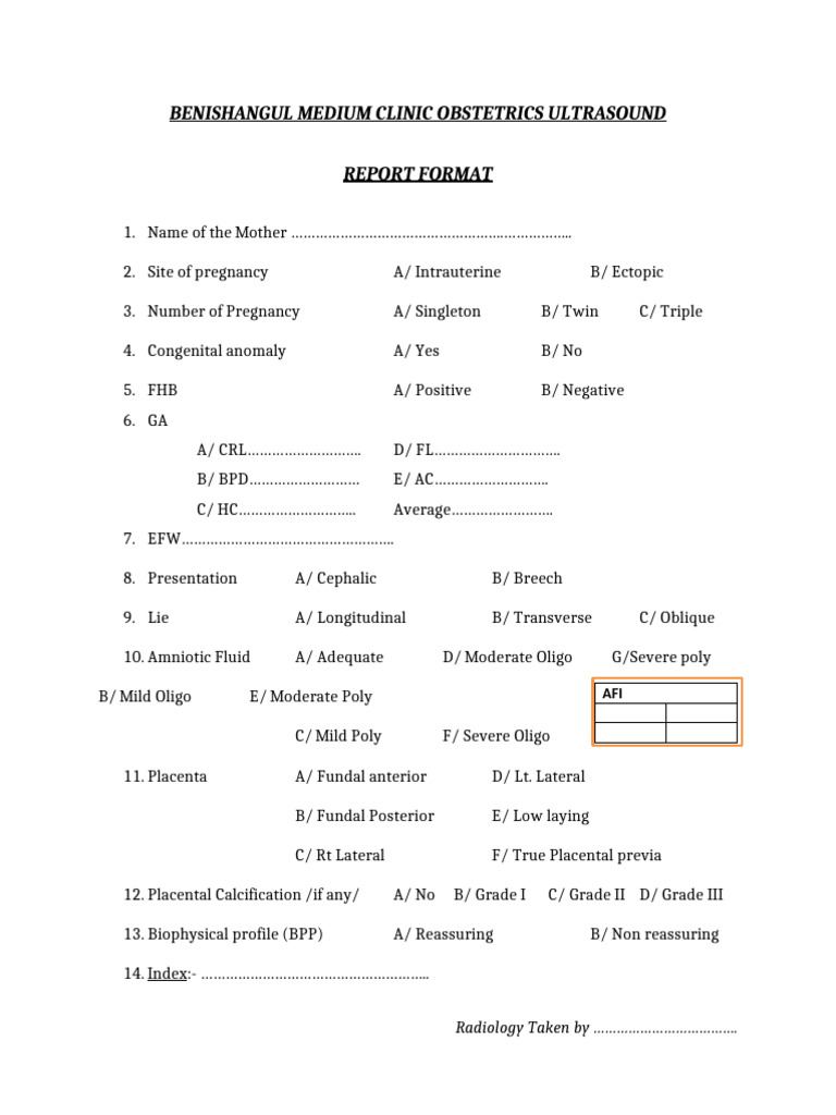 Benishangul Medium Clinic Obstetrics Ultrasound Report Format | PDF ...