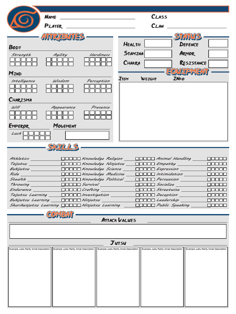 Naruto Character Sheet Fillable | PDF