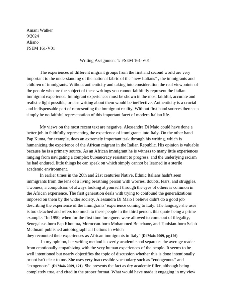 FSEM First Writing Assignment Amani Walker | PDF | Citizenship ...