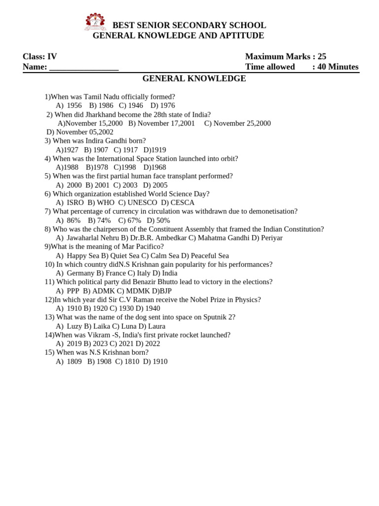 Class IV General Knowledge Quiz | PDF