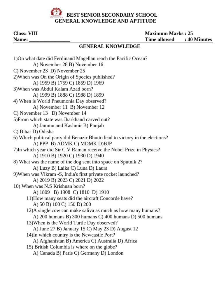 Class VIII General Knowledge Quiz | PDF | Social Science | Travel