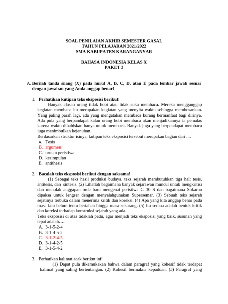 Soal PAS Bindo Kelas X Paket 3 | PDF