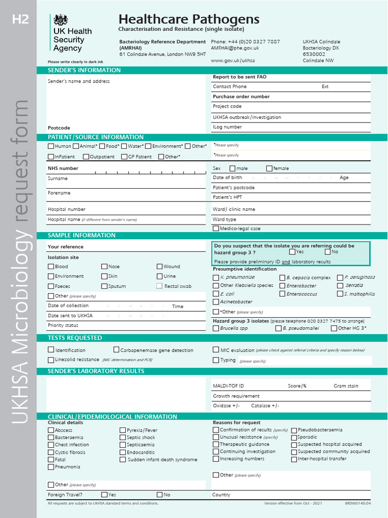 H2 Healthcare Pathogens Request Form Single Isolate | PDF | Sepsis ...