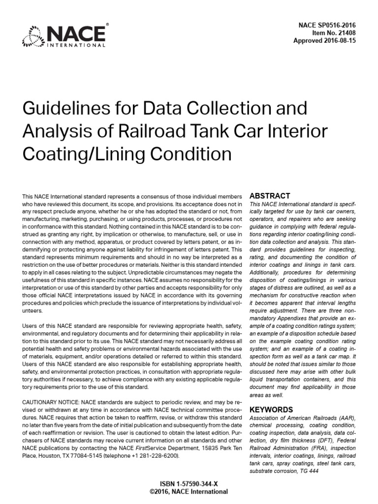 NACE SP0516 - Analysis of Railroad Tank Car Interior Coating & Lining ...