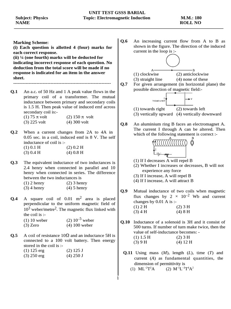 Electromagnetic Induction Practice Questions | PDF | Electromagnetic ...