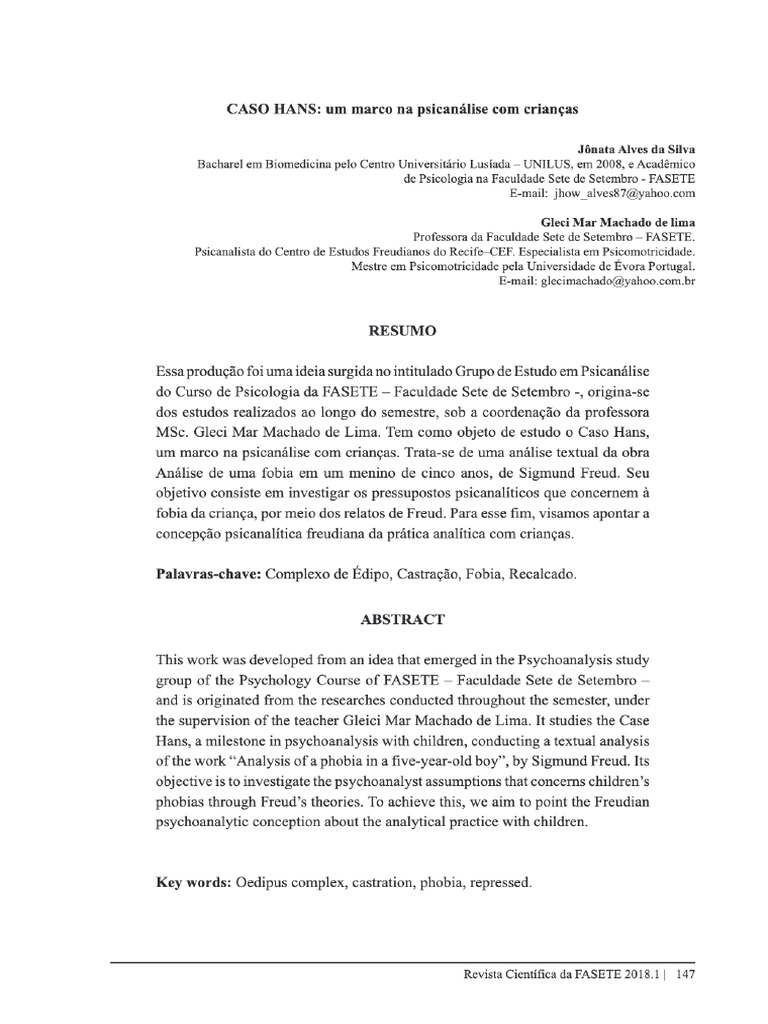Caso Hans - Marco Psicanalise | PDF