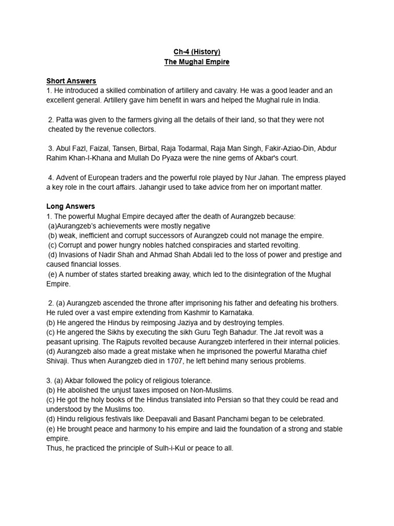 G7 Ch4 History Answer Key | PDF | Mughal Empire | South Asia