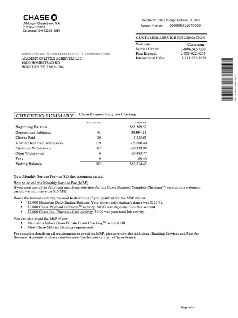 Chase Bank Oct-22 | PDF | Debit Card | Chase Bank