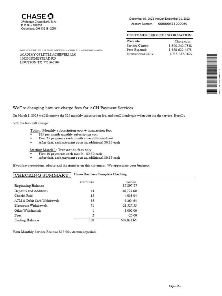 Dec Chase 2022 (1) | PDF | Cheque | Fee