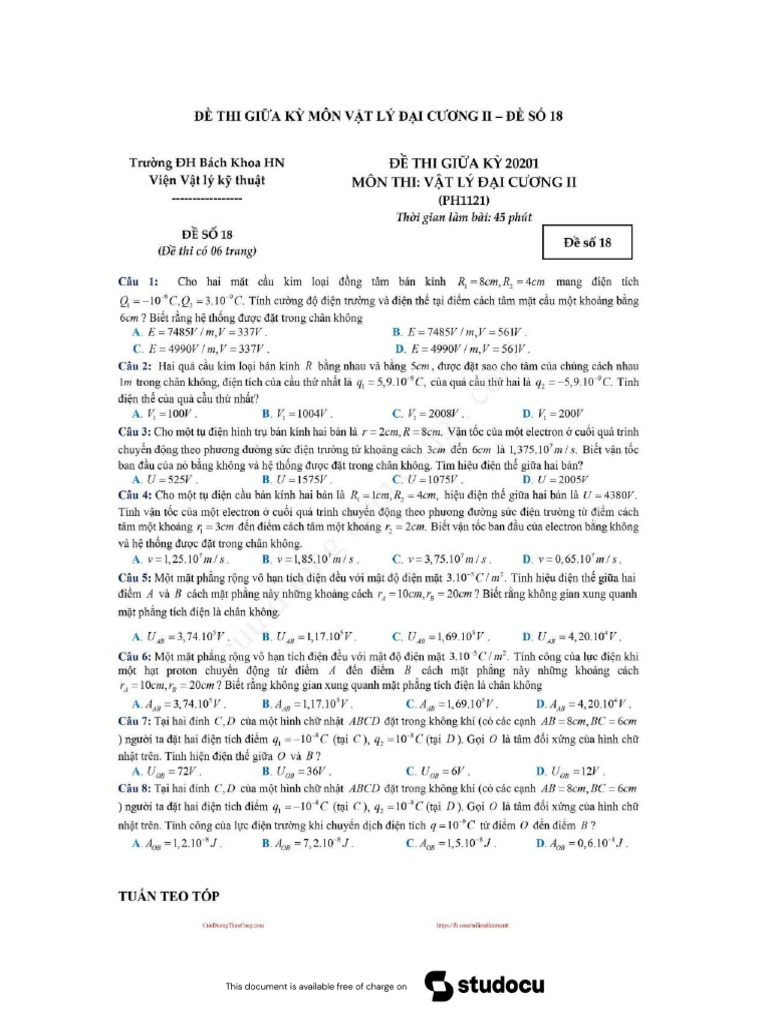 ĐỀ VLDC 2 - đề thi giữa kì vật lí đại cương 2 thầy tuấn | PDF