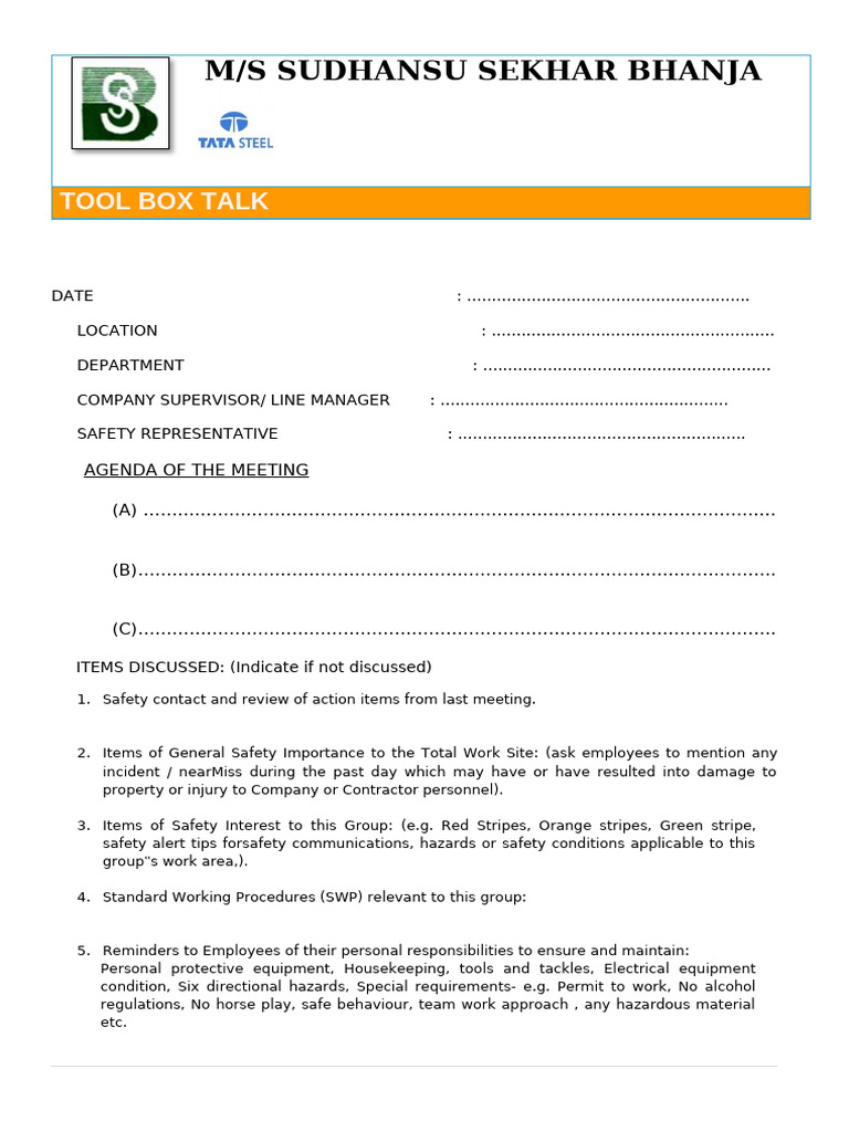 Tool Box Format | PDF | Personal Protective Equipment | Workplace