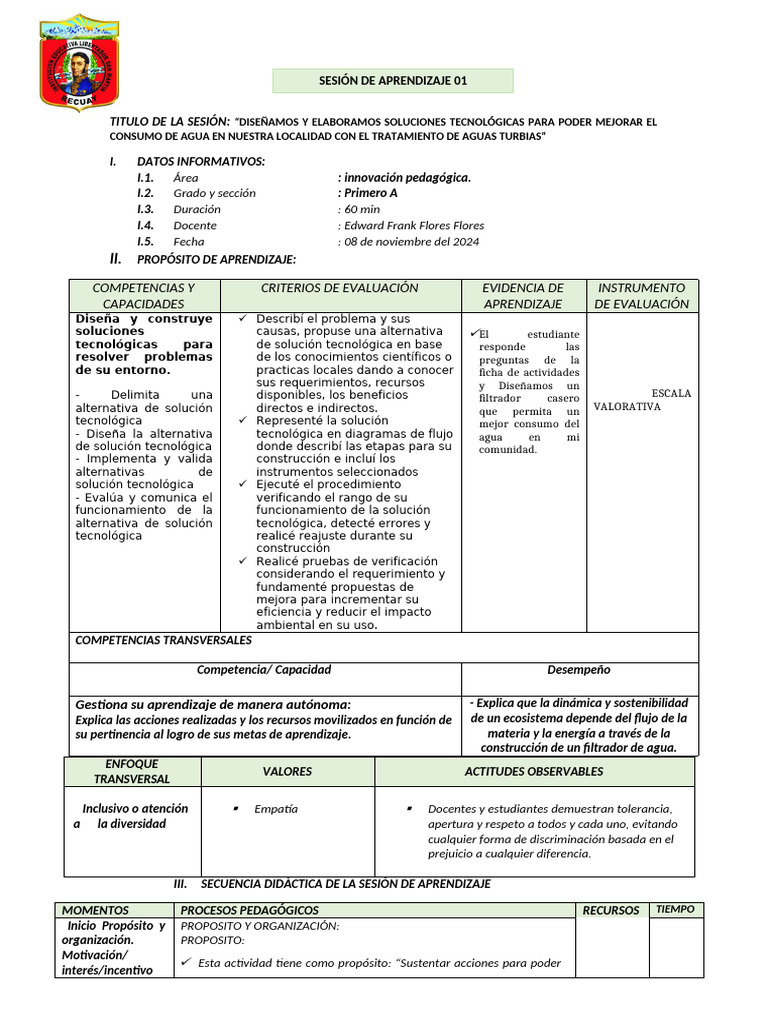 SESIÓN DE APRENDIZAJE Clase Modelo | PDF | Agua | Evaluación
