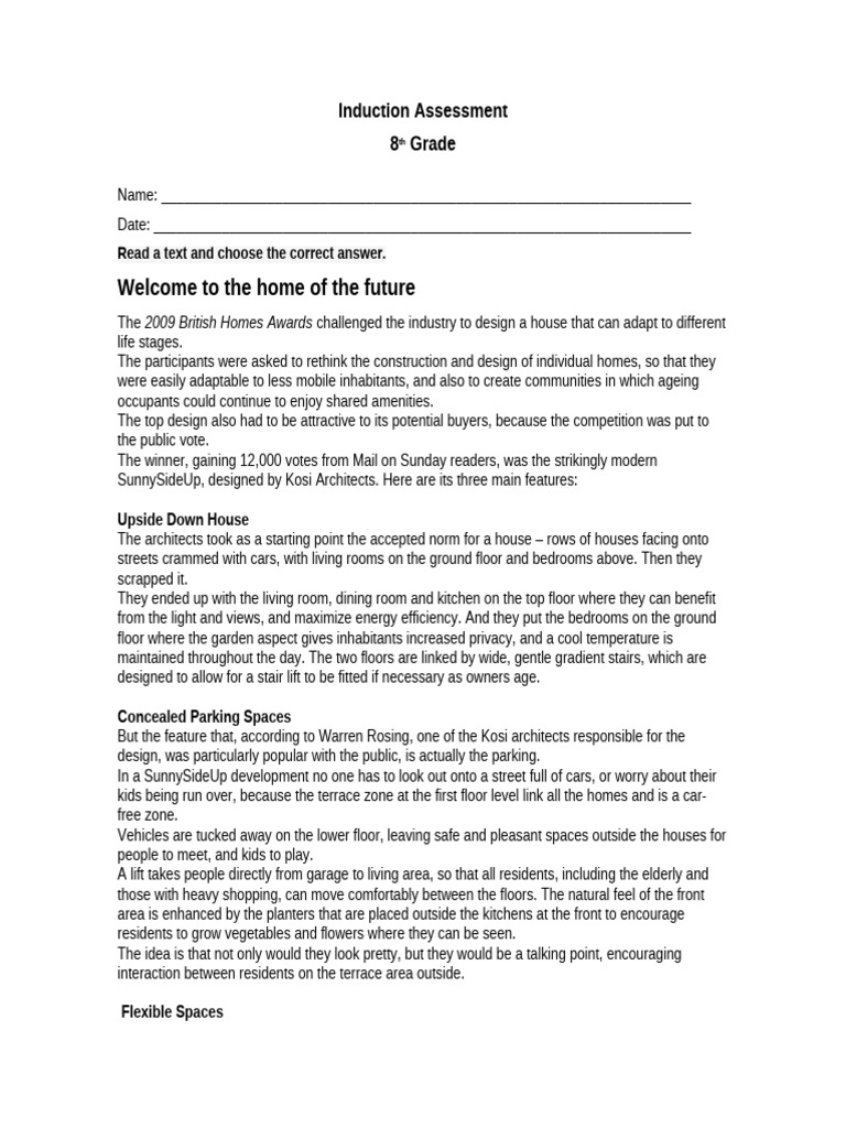 Induction Assessment 8th Grade | PDF | Room