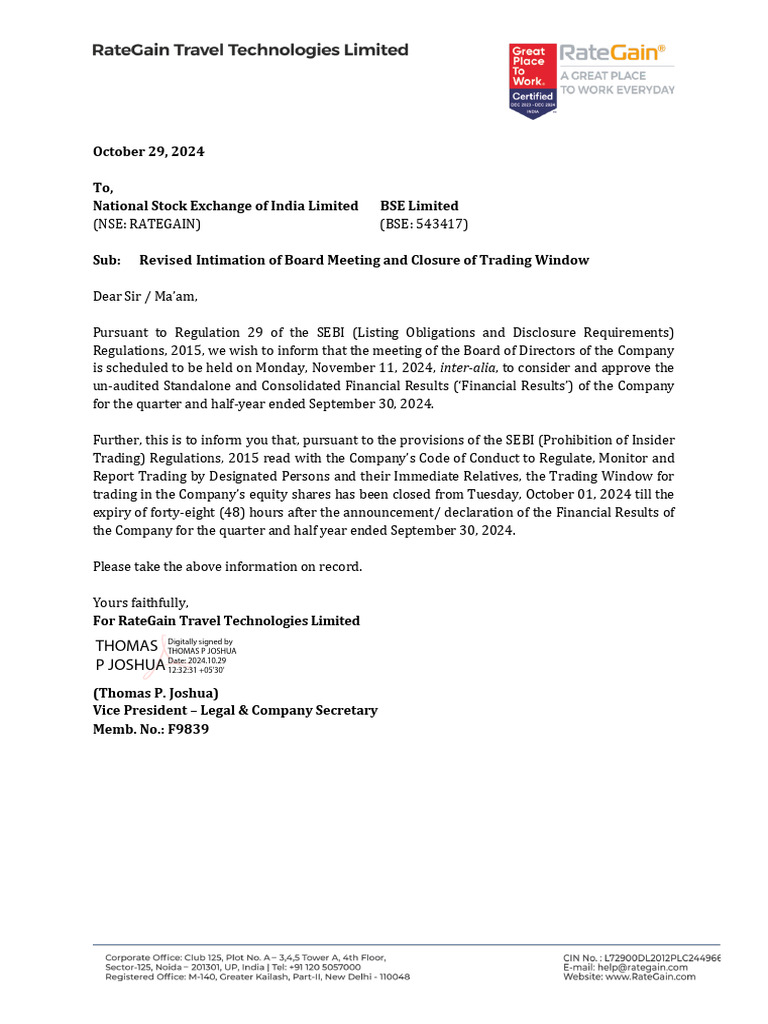 Board Meeting & Trading Window Closure Notice | PDF