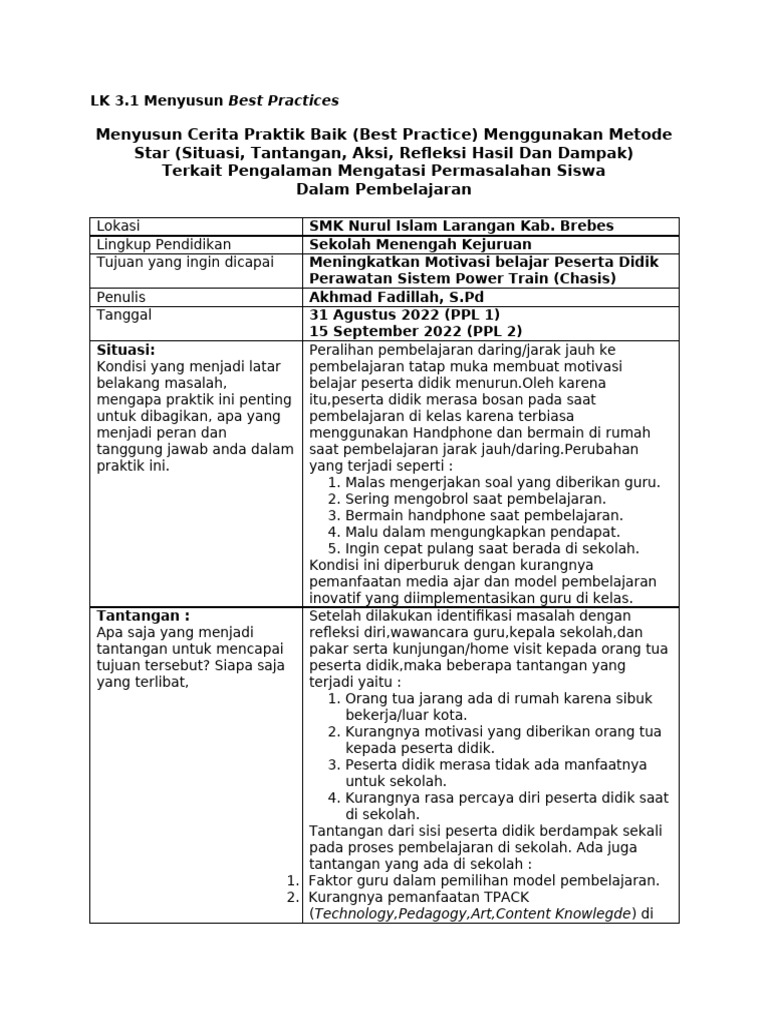 Contoh LK 3.1 Best Practice Pak Fadilah | PDF | Karier & Perkembangan