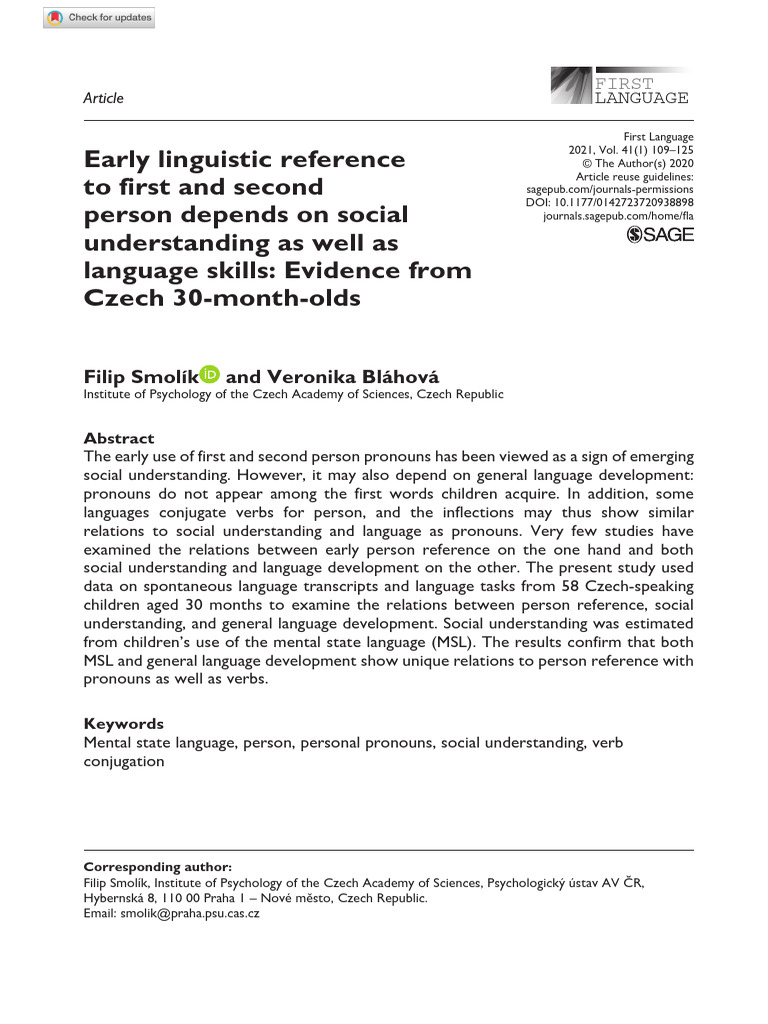 Smolik Blahova 2020 Early Linguistic Reference To First and Second ...