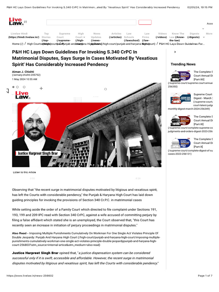 P&H HC Guidelines on S.340 CrPC in Matrimony | PDF | Perjury ...