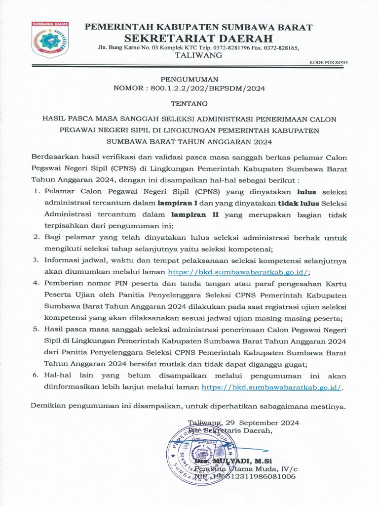Pengumuman Hasil Seleksi Adm Pasca Masa Sanggah Penerimaan CPNS Kab ... Pengumuman Hasil Seleksi Adm Pasca Masa Sanggah Penerimaan CPNS Kab ...