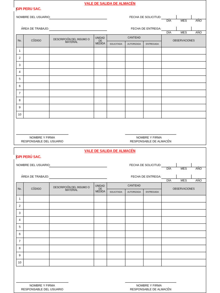 Vale de Salida de Almacén GPI | PDF