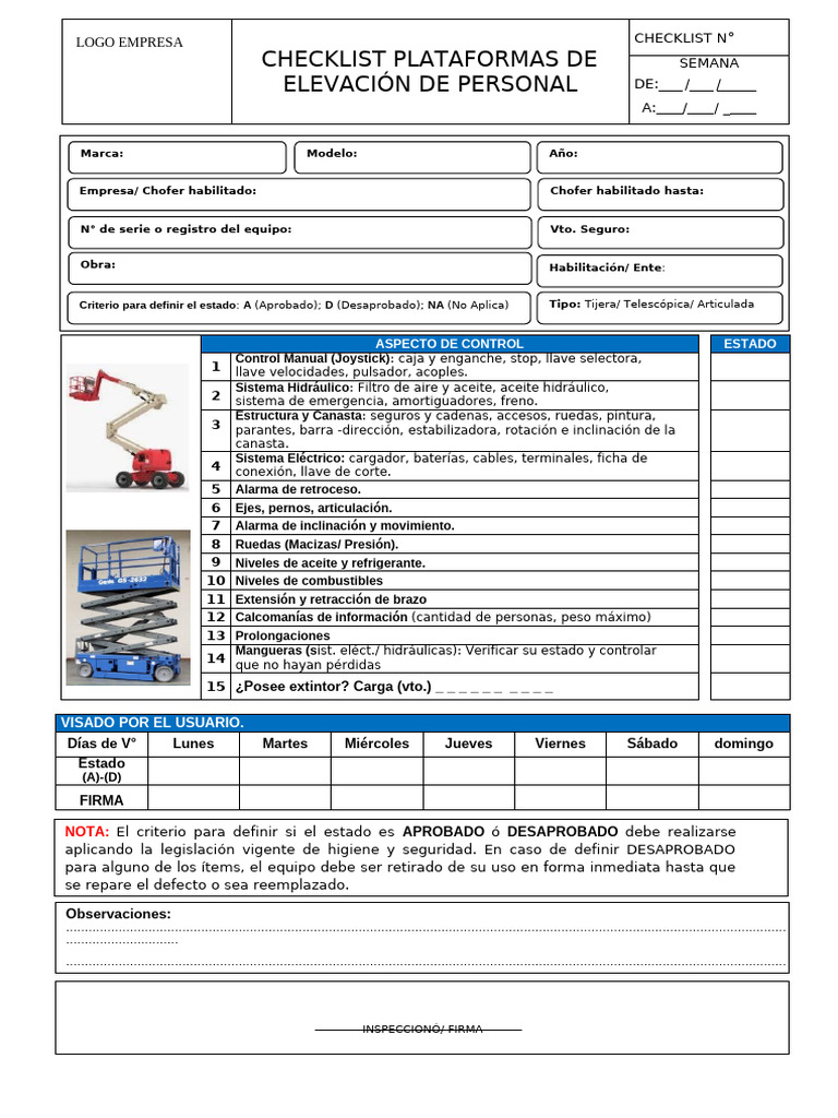 Checklist Plataforma Elevacion Personas | PDF | Vehículos | Vehículo de motor