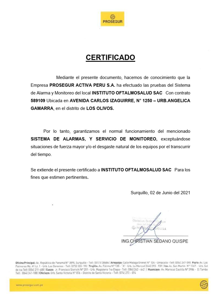 Certificado Prosegur - Sistema de Monitoreo de Alarma | PDF