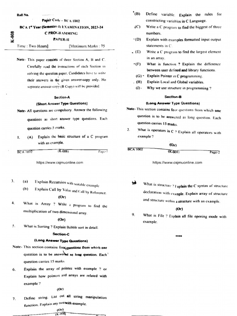 Bca 1 Sem C Programming Bca 1002 2024 | PDF