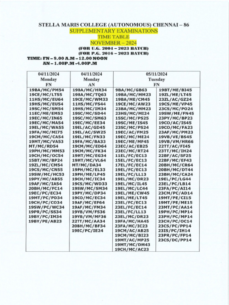 Supplementary Time Table November 2024 | PDF