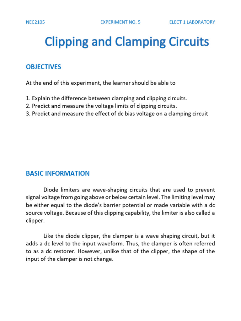 Experiment No. 5 Clipping and Clamping Circuit | PDF | Electrical Engineering | Electricity