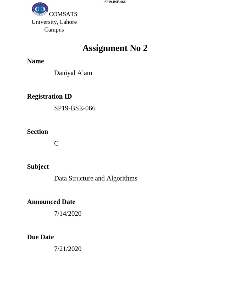 SP19-BSE-066 Daniyal Alam | PDF | Algorithms | Algorithms And Data ...