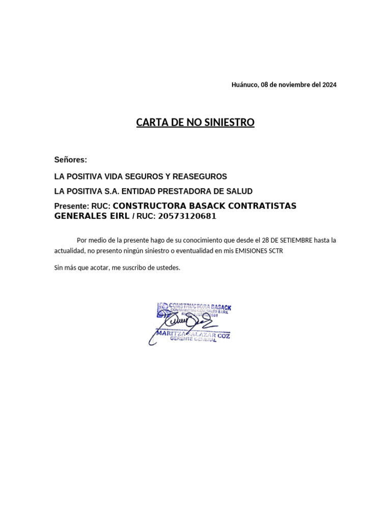 Carta de No Siniestro Positiva - Constructora Basack Contratistas General | PDF | Derecho