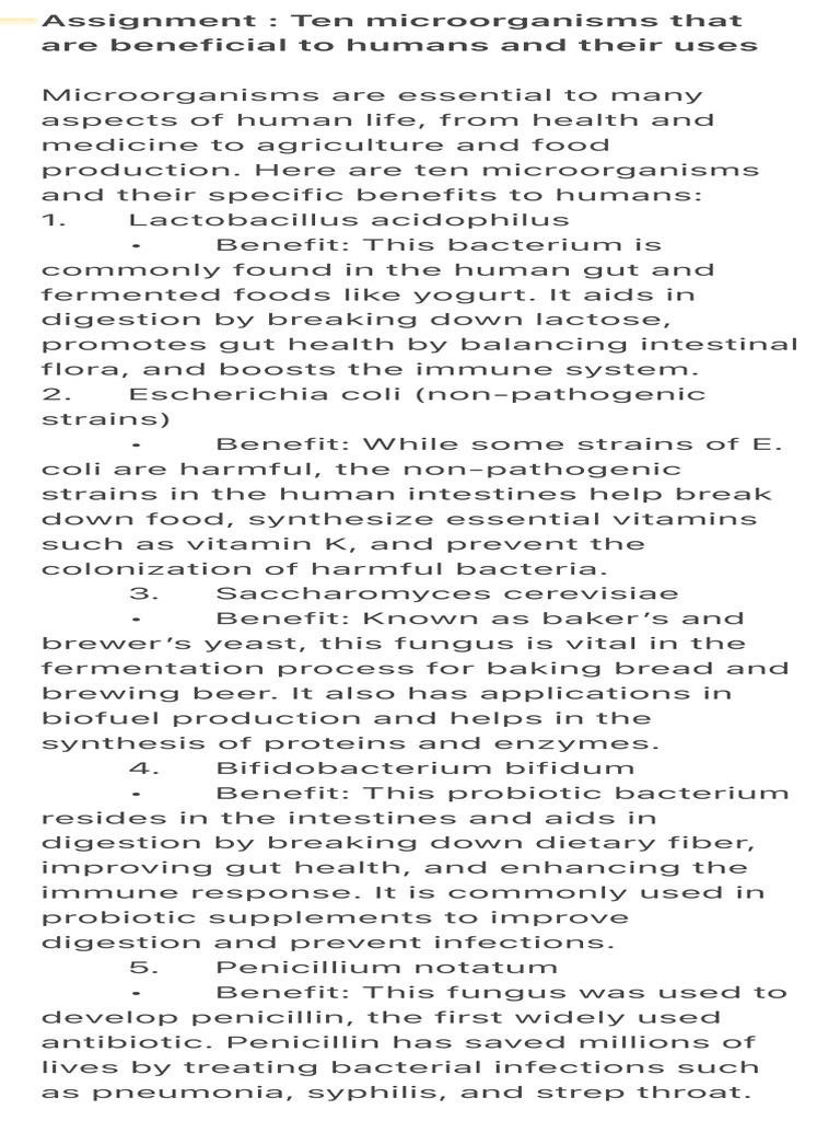 Assignment: Ten Microorganisms That Are Beneficial To Humans and | PDF ...