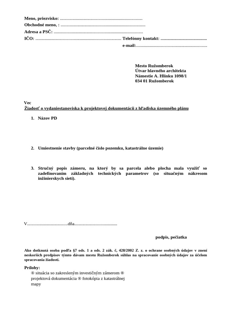 Ziadost o Vydanie Stanoviska K Projektovej Dokumentacii Z Hladiska Uzemneho Planu - PO | PDF