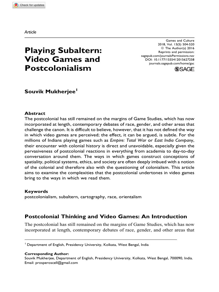 Mukherjee 2016 Playing Subaltern Video Games and Postcolonialism | PDF | Postcolonialism | Space