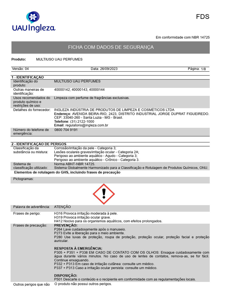 Fds Multiuso Uau Perfumes 09-2023 | PDF | Embalagem e rotulagem ...
