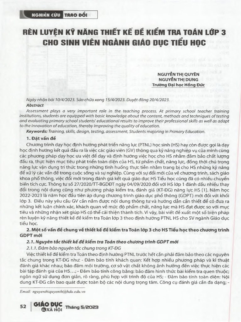 2023 - Đại học Hồng Đức - Rèn luyện kĩ năng TK đề KT Toán3 cho SV ngành GDTH | PDF
