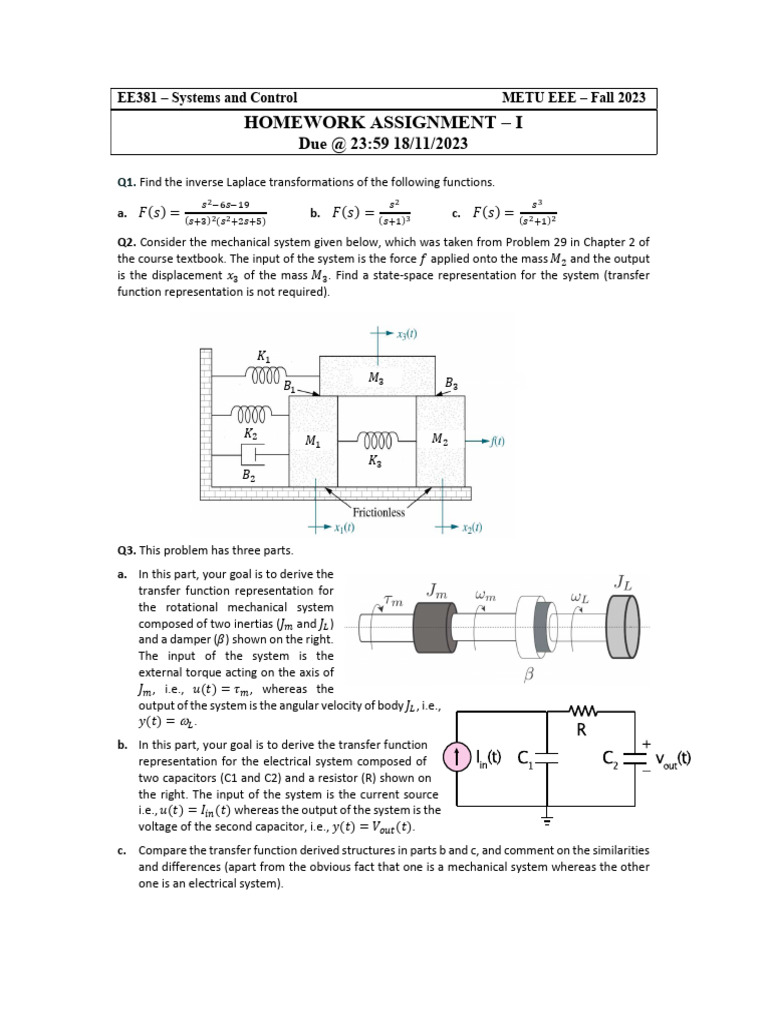 HW1 EE381 Fall 2023 | PDF | Electrical Engineering | Mechanics