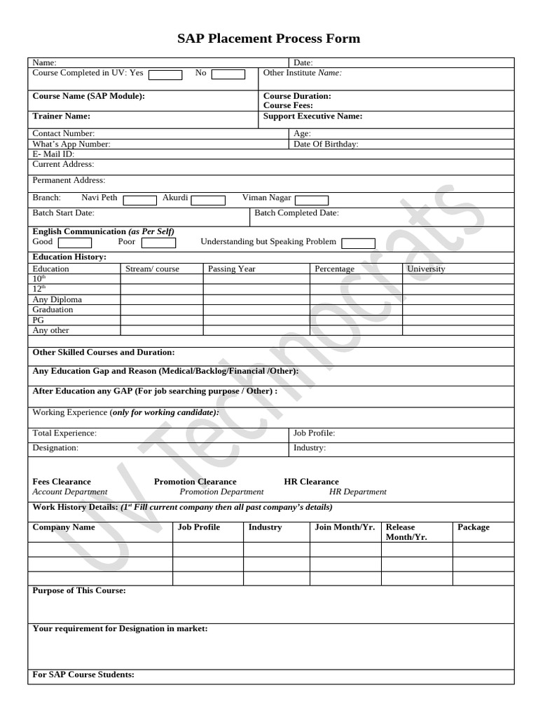 1 SAP Placement Process Form | PDF