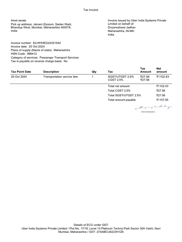 Tax Invoice for Uber Transport Service | PDF | Finance & Money Management