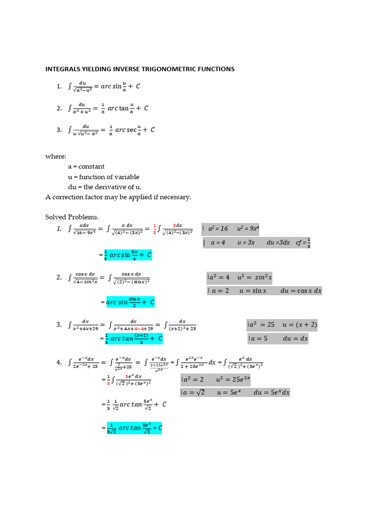 Integrals YIELDING InvTrigoFunctios | PDF | Square Root | Complex Analysis