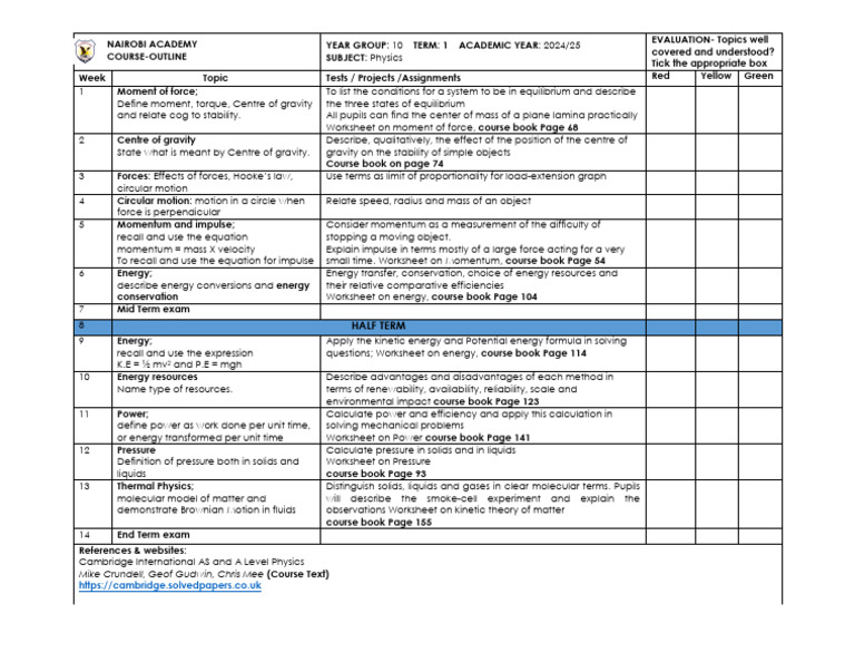Course Outline - Yr 10 Physics Term 1 2024-25 | PDF | Force | Torque