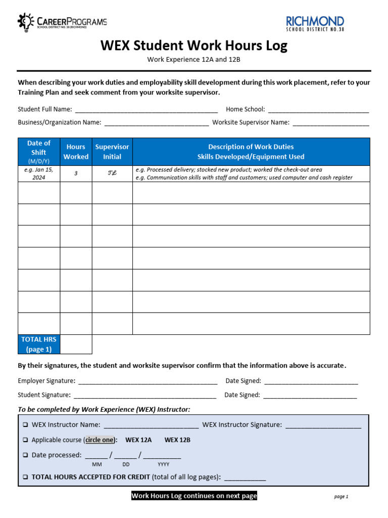 1 WEX Student Work Hours Log | PDF | Career & Growth | Finance & Money ...