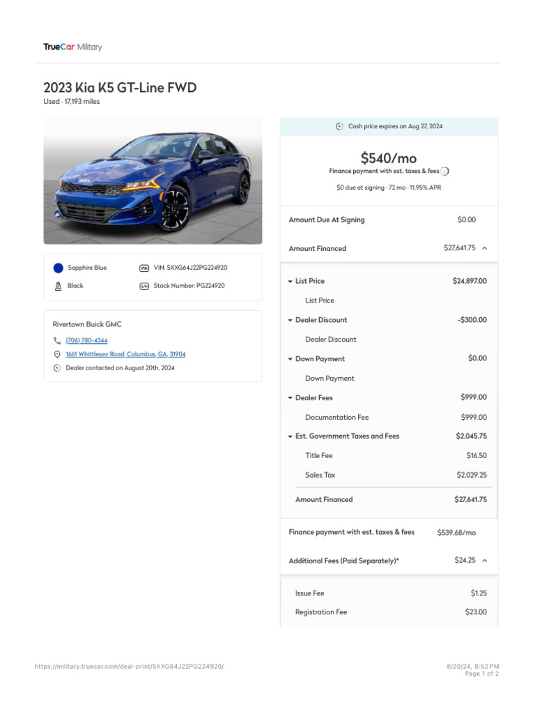 2023 Kia K5 GT-Line FWD - TrueCar Military | PDF | Fee | Credit Card