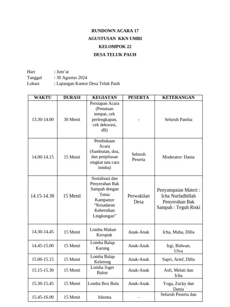Rundown Acara 17 Agustusan 2 | PDF